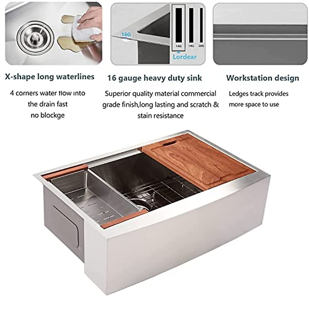 36 Farmhouse Sink Stainless Steel - Lordear 36 inch Kitchen Sink Apron Front Ledge Workstation 16 Gauge Stainless Steel Single Bowl Luxury Farm Sink Basin