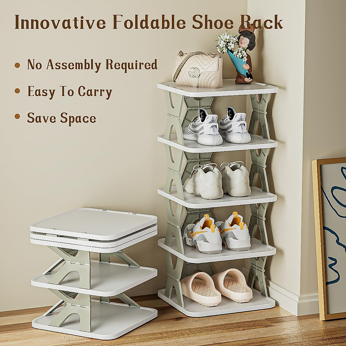 Dscabomlg Plastic 5-Tier Shoe Shelf - Foldable Shoe Storage - Modern Style - 5 Shelves - 3 lbs Capacity - Freestanding - Uniform Plastic Finish - 11.1" L x 1.1" W x 11.2" H - Unisex - Living Room