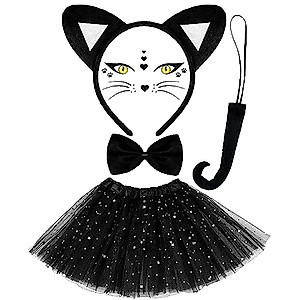 Newcotte 5 Pcs Black Cat Costume Set Cat Ears Tail Bowtie Sequined Tutu and Cat Face Sticker for Kids Halloween Dress up (Black)