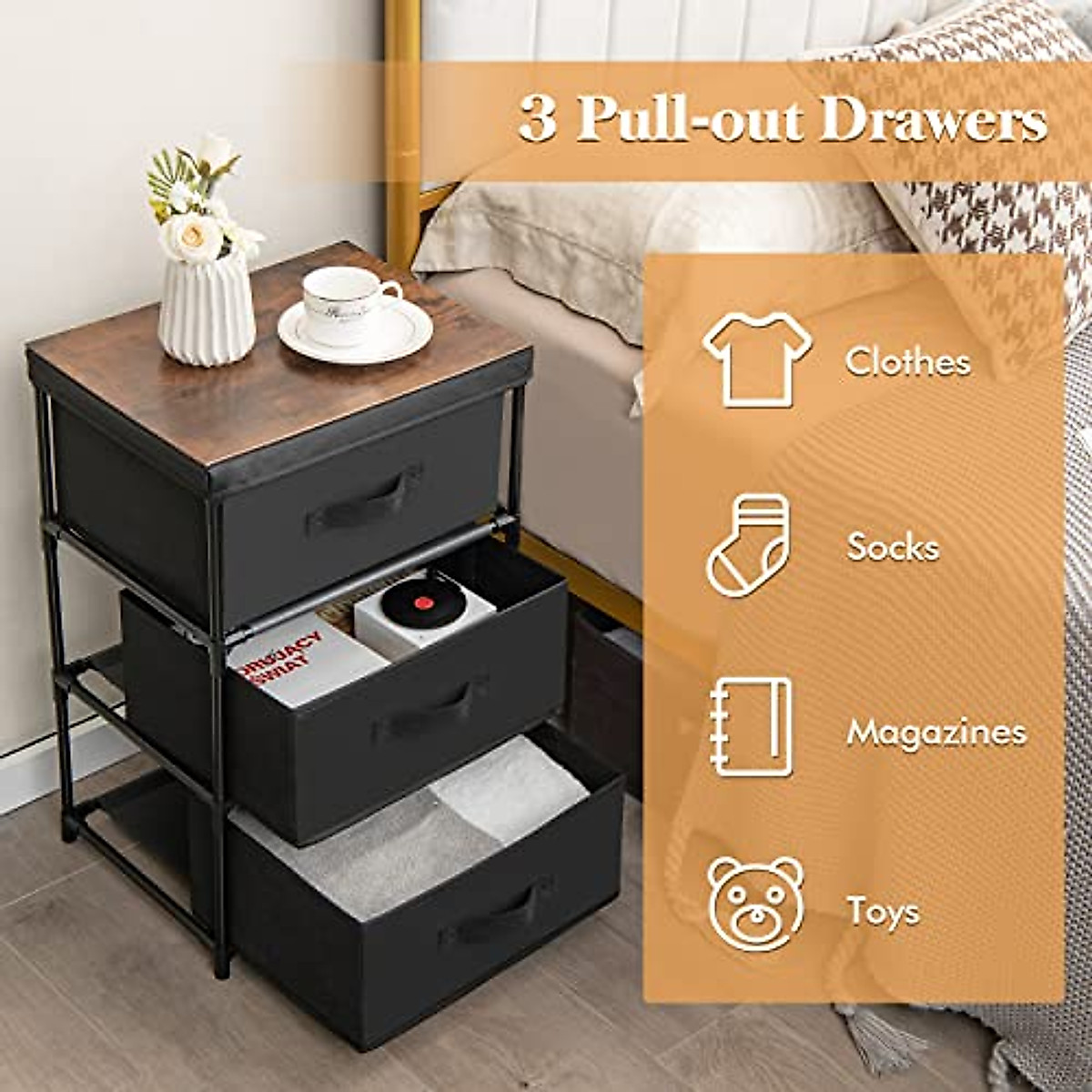 Giantex Nightstand with 3 Fabric Drawers, 24.5" Tall Bedside Table with Removable Lid for Bedroom, Study, Storage Dresser Organizer, Easy Assembly, Black and Rustic Brown