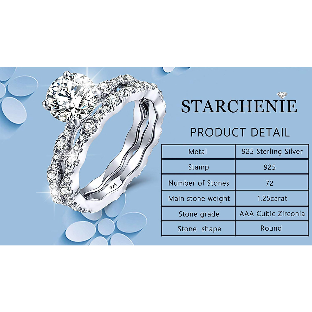 STARCHENIE 1.25 Ct Cubic Zirconia Engagement Rings Set for Women Sterling Silver CZ Wedding Bridal Ring Set
