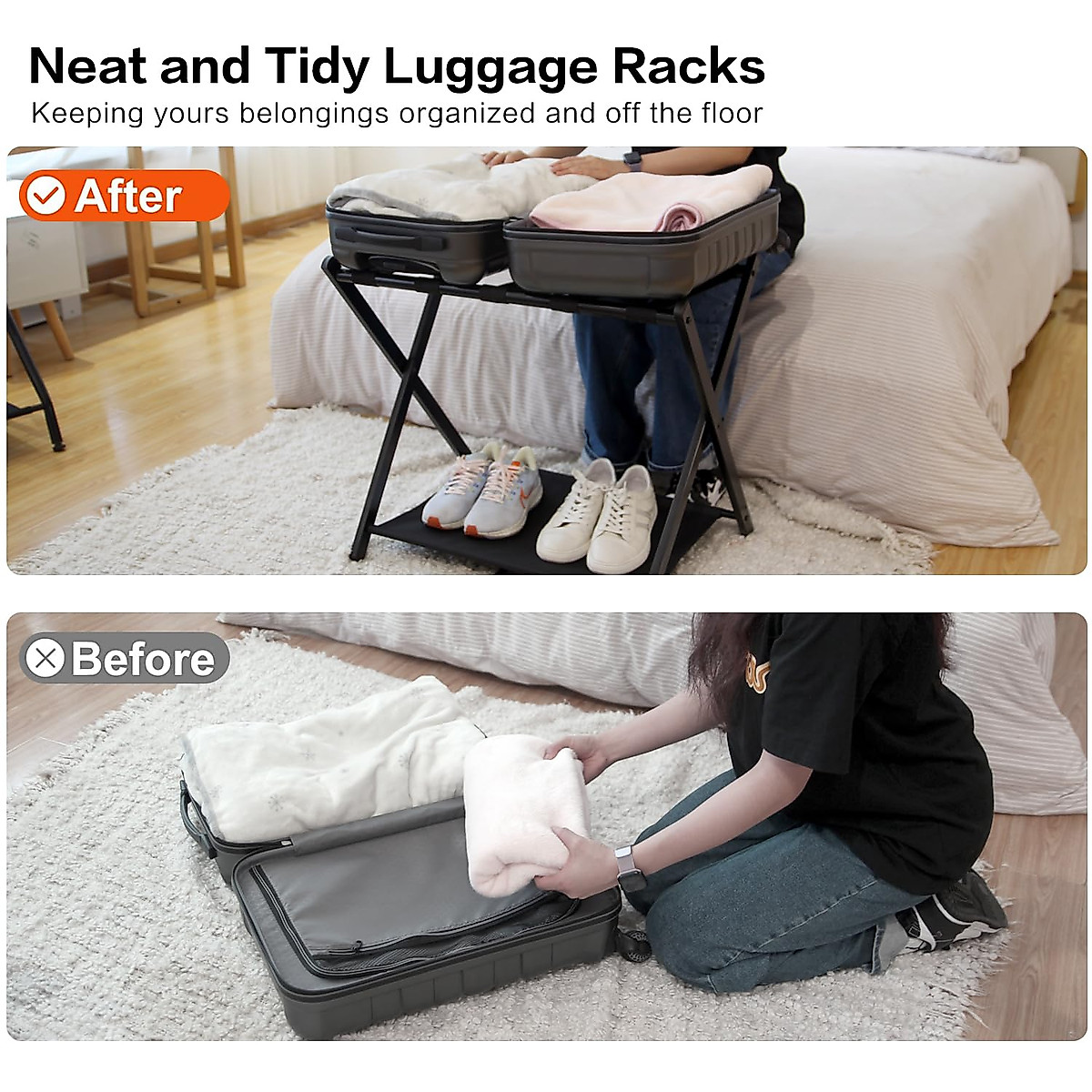 Yuihochic Luggage Rack, Pack of 2, Suitcase Stand with Fabric Storage Shelf ,for Guest Room,Bedroom,Hotel, Foldable Painted Steel Frame (Package Quantity 2)