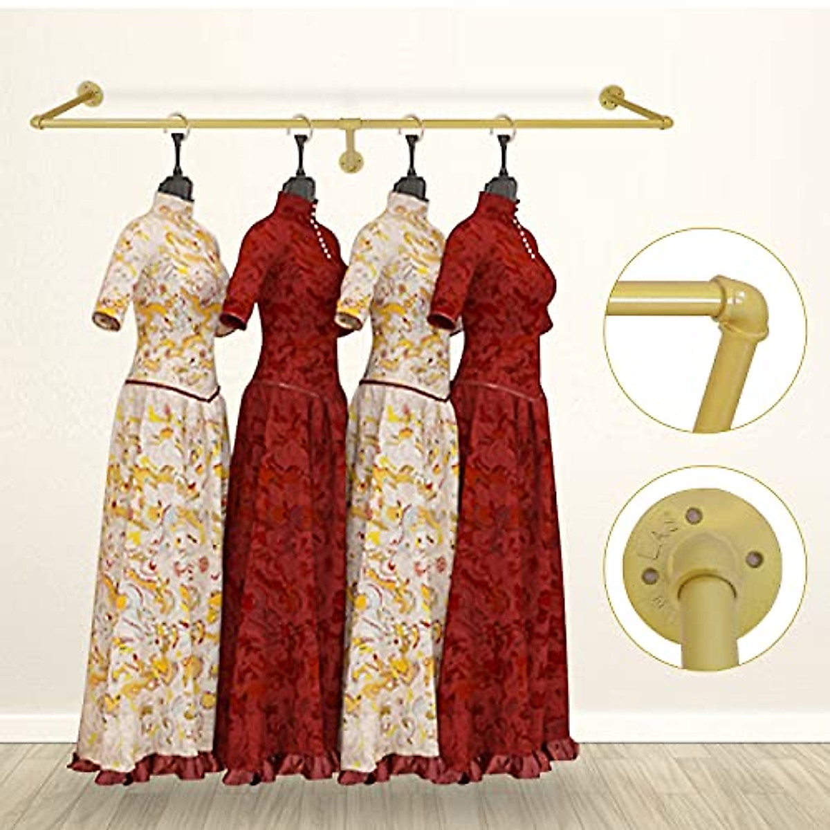 Gold Clothes Display Rack Iron Industrial Pipe Wall Mounted Clothing Rack Wedding Dress Bridal Garment Rack Stand Stand Decoration Retail Display Closet Organization 71inch*11.8inch