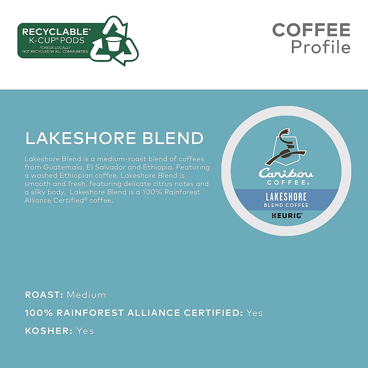 Caribou Coffee Lakeshore Blend, Single-Serve Keurig K-Cup Pods, Medium Roast Coffee, 72 Count