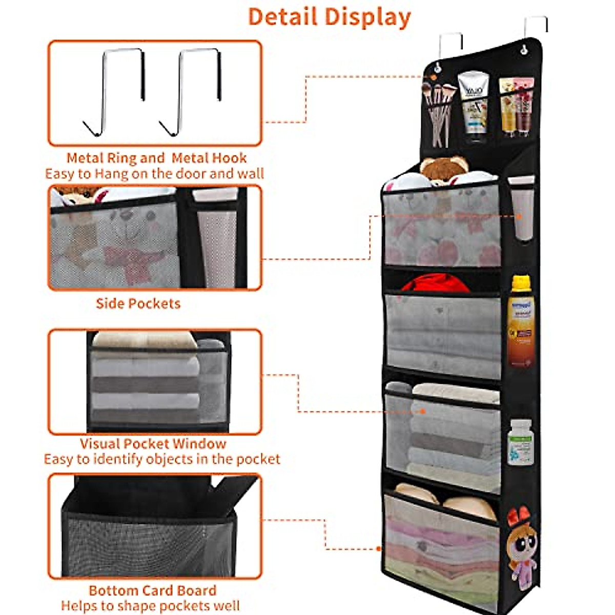 Boczif Over Door Hanging Organizer, 5-Shelf Wall Mount Storage with 4 Large Pocket and Mesh Clear Window, Anti Tilt Behind Door Organizer for Bathroom, Pantry, Closet, Dorm, Toys, Kitchen, Cosmetics