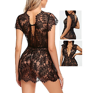 Avidlove Women Lace Lingerie Floral Babydoll Eyelash Chemise Deep V Neck Sheer Sleepwear Black XXL