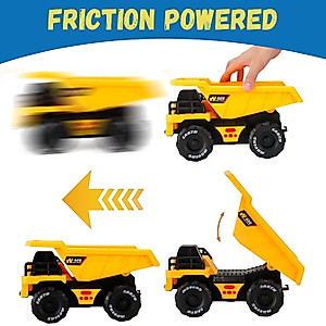 Big Construction Dump Truck Friction Powered Toy - 10-Inch Yellow Truck with Realistic Lights & Sounds, Lifting Bed, 4 Button Control Vehicle for Kids