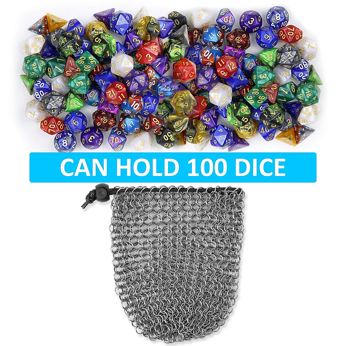 YOUSHARES Chainmail D&D Dice Bag - Large Capacity Stainless Steel Drawstring Dice Bag for Dungeons and Dragons Dice Set (Hold 100 DND Dice)