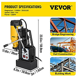 Mophorn 1200W Magnetic Drill Press with 9/10 Inch (23mm) Boring Diameter Magnetic Drill Press Machine 2920 Lbs Magnetic Force Magnetic Drilling System 500RPM Portable Electric Magnetic Drill Press