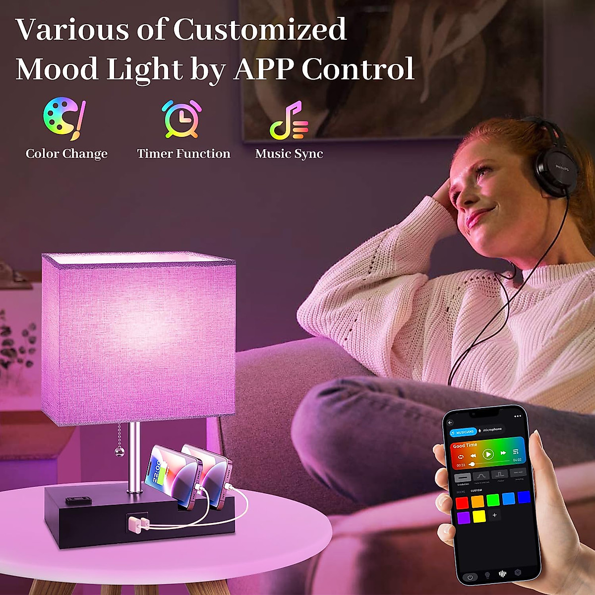 YIEELOG Smart RGB Dimmable Table Lamp Work with Alexa&APP&Remote Control, Bedside Desk Lamp with Charging Ports&Outlet&Phone Stand, Music Sync Nightstand Lamp for Bedroom Living Room Office Dorm