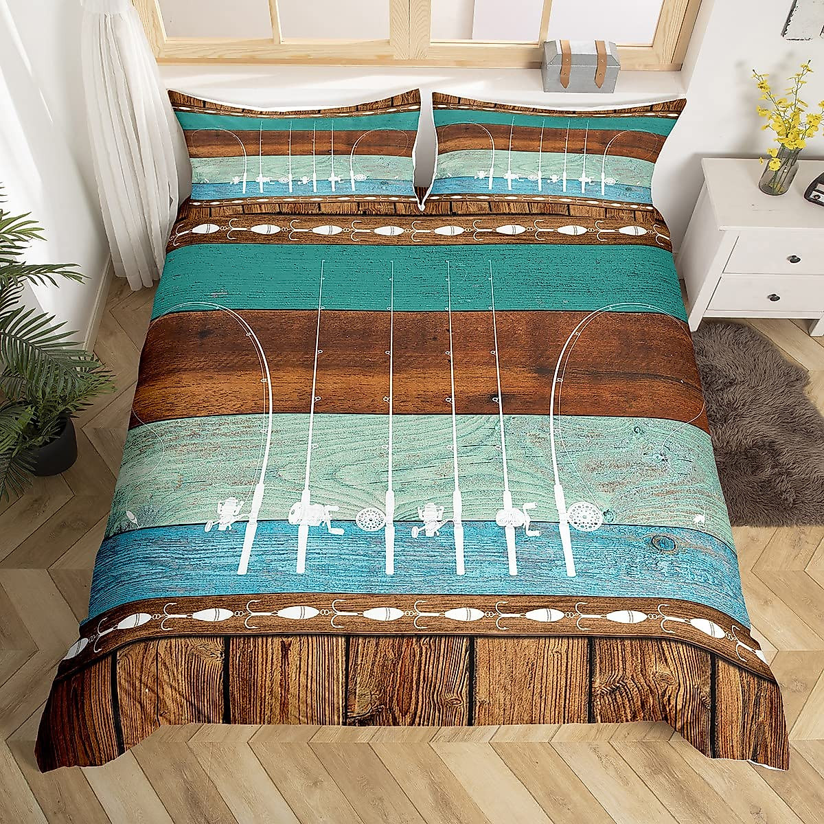 Go Fishing Bedding Set Fishing Line Fish Comforter Cover Fishing Gifts for Men,Rustic Wooden Plank Duvet Cover Fishings Rods Bed Sets Full,Fish Fancier Room Decor Dad Gift for Fathers Day,Brown Blue