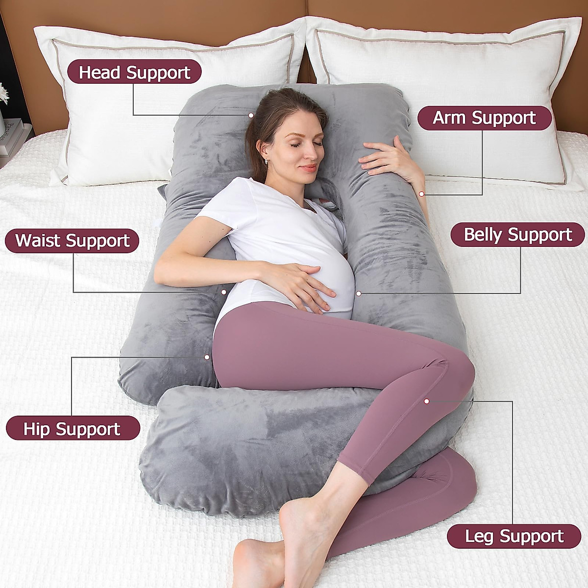 MOON PINE Pregnancy Pillow, U Shaped Full Body Pillow for Maternity Support, Sleeping Pillow with Cover for Pregnant Women (Dark Grey)