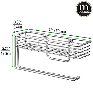 mDesign Wall Mount Metal Paper Towel Holder with Storage Shelf for Kitchen, Pantry, Laundry, Garage Organization - Shelf Holds Spice Bottles, Glass Jars, Oils and Vinegars - Chrome