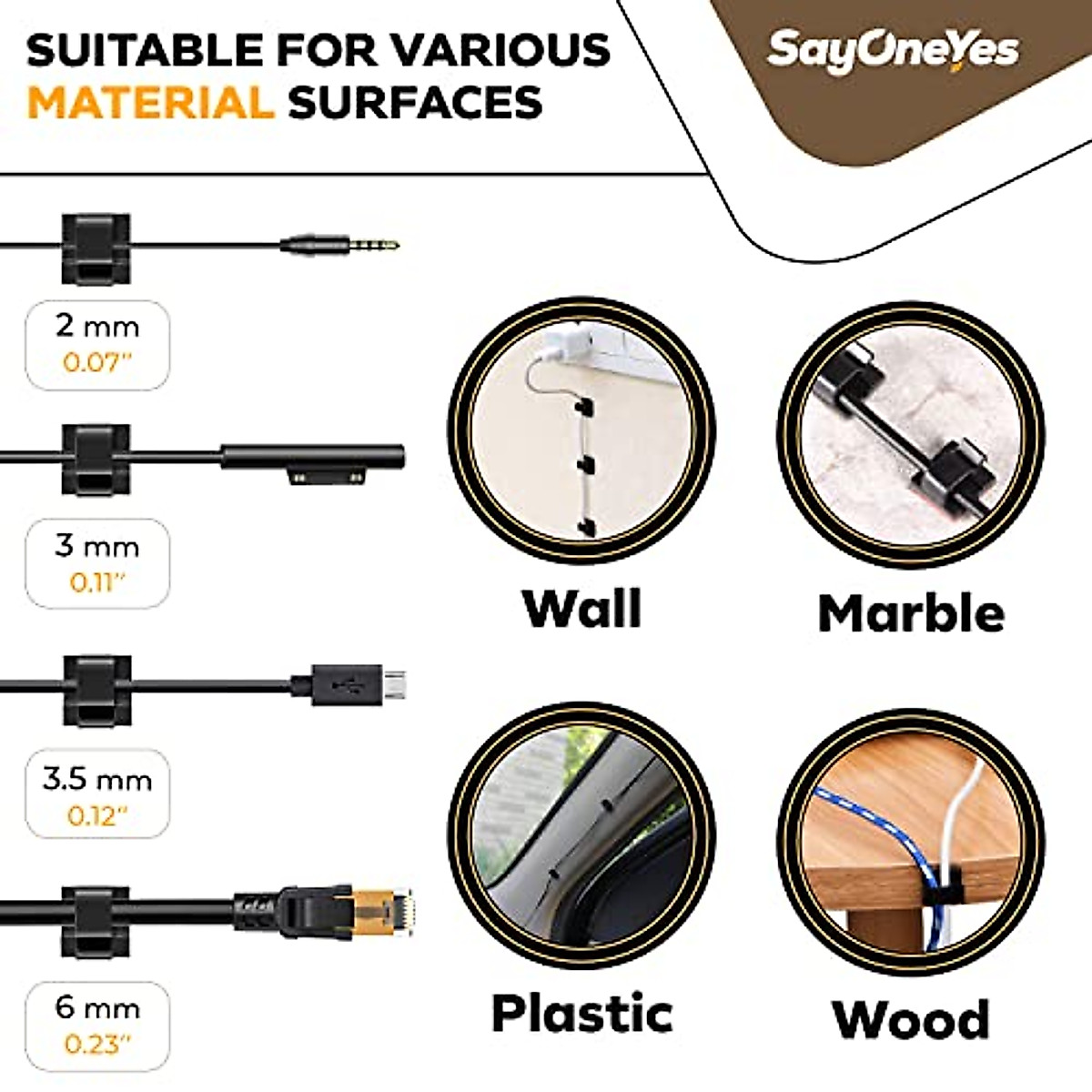 50 pcs Self Adhesive Cable Clips - Desk Cable Management Clips with Strong Adhesive Tapes – Wire Clips Cord Organizer for Home, Office and Car (Black - 50 Pack)