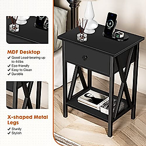Sweetcrispy Nightstands Set of 2 Bedside Tables Night Stand with Storage Drawer, Side Tables End Table for Bedroom Living Room (Black)