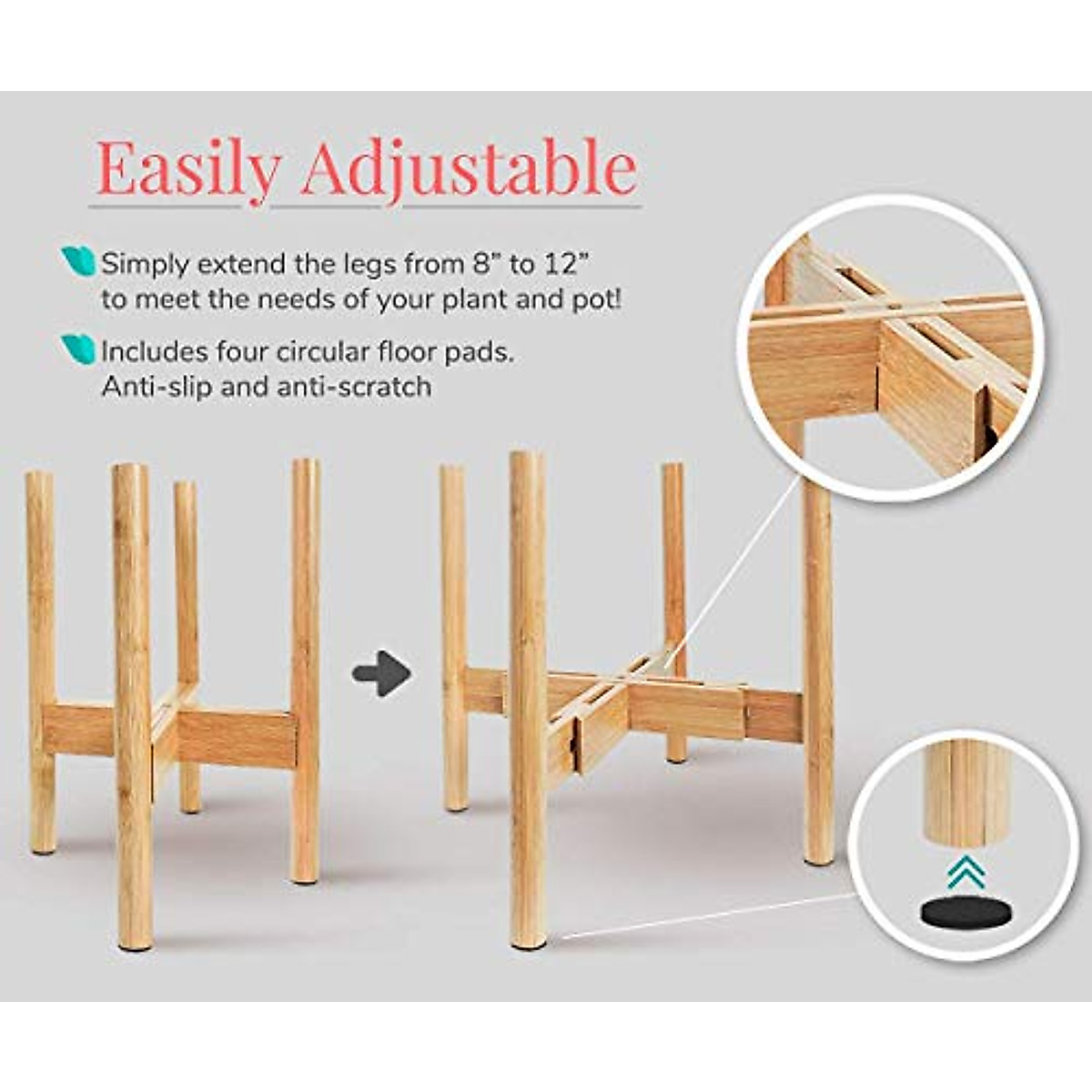 UppWell | Adjustable Wood Plant Stand Indoor | Eco-Friendly Bamboo 8-12 Inch Mid Century Modern Flower Pot Stand | Sustainable Planter Holder for Living Room Balcony | One Tree Planted per Purchase