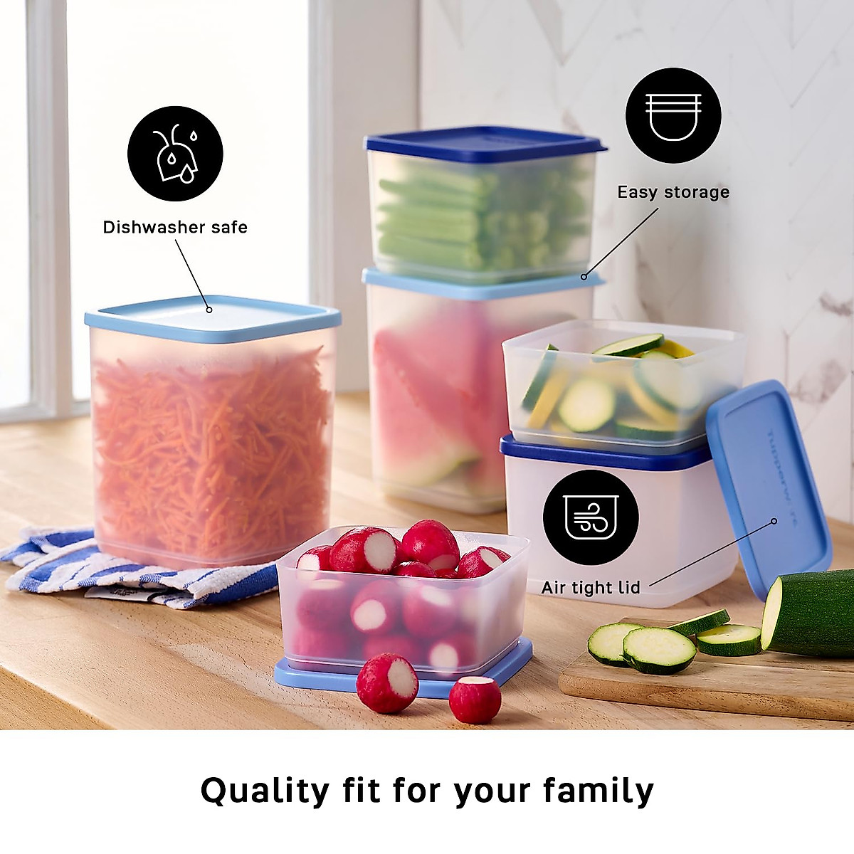 Tupperware Stacking Square Storage Set - Dishwasher Safe & BPA Free - (6 Clear Containers + 6 Blue Lids)
