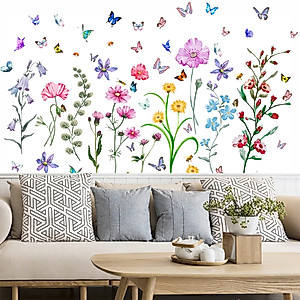 PDCTACST Colorful Flower Wall Decals with Butterfly and Bee, Large Floral Clusters Butterfly Wall Stickers DIY Peel and Stick, Removable PVC Art Wall Decor Mural for Nursery Baby Kids Room
