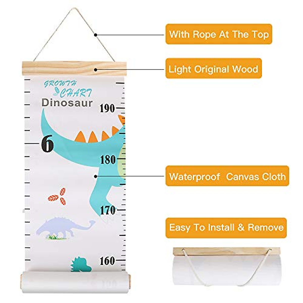 Outivity Growth Chart for Kids, Height Chart for Kids/Boys/Girls/Baby, Canvas & Wooden, Removable Growth Height Chart, Wall Room Decor - Dinosaur