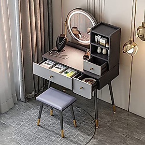 Redsun Vanity Table Set with 3 Color Touch Screen Dimming Mirror,Makeup Dressing Table with 3 Sliding Drawers and Cushioned Stool,Dresser Desk for Women/Girls (Silver Gray, 15.7Wx35.4L)…