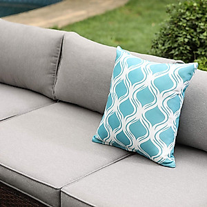 COSIEST 4-Piece Outdoor Furniture Set All-Weather Brown Wicker Sectional Sofa w Warm Gray Thick Cushions, Glass Coffee Table, 2 Teal Pattern Pillows