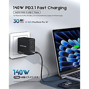 Yoocas 140W USB C Charger,MacBook Pro Charger with Gan+3-Port PD3.1,Laptop Foldable Wall Charger for Dell,Lenovo,Chromebook, Tablets, MacBook Air, iPad Pro, Galaxy S22/21, iPhone 15/14/Pro, Pixel.