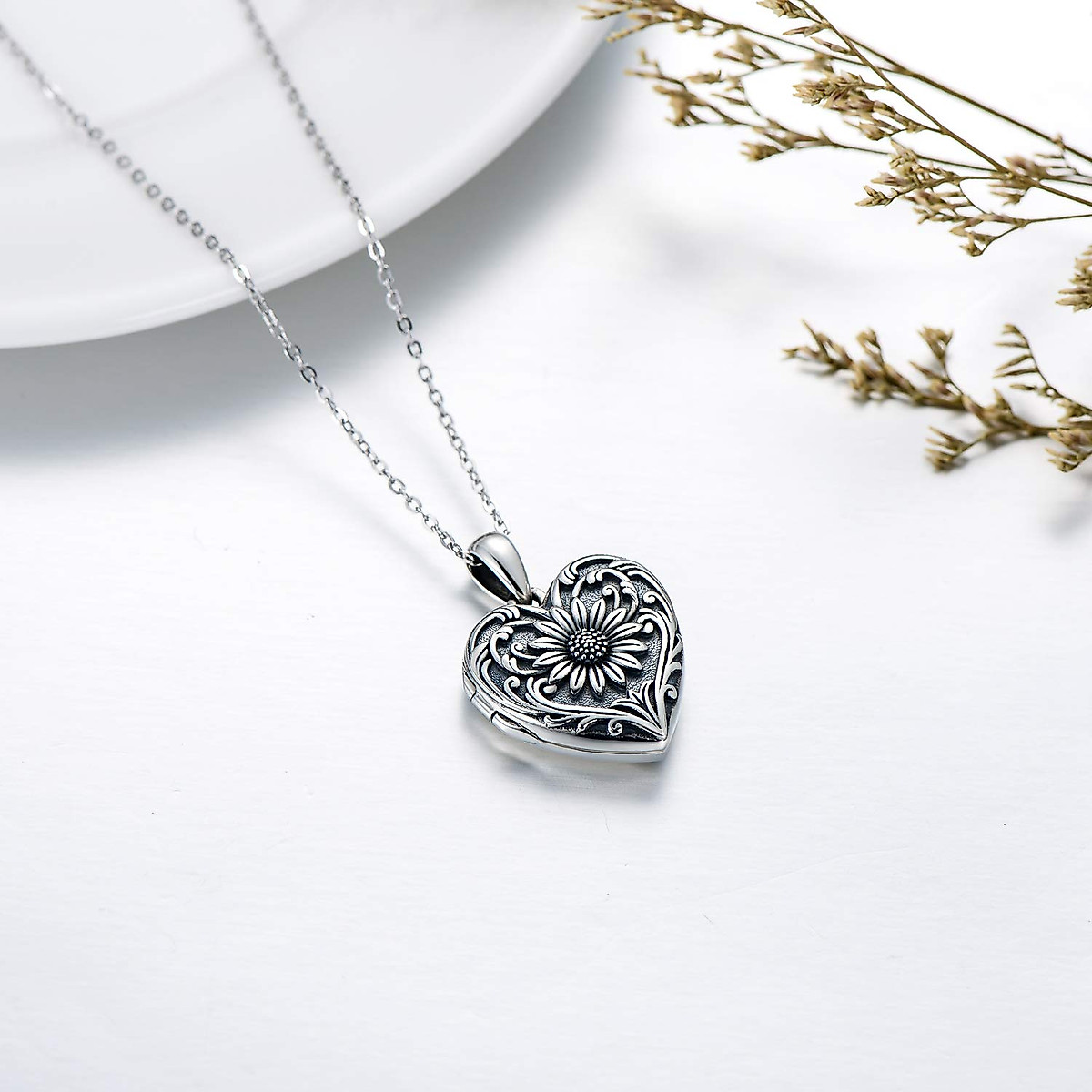 SOULMEET Personalized Sunflower Heart Locket Sterling Silver Necklace That Holds 2 Pictures Memory Photo Lockets Custom Any Photo (Custom photo & text)