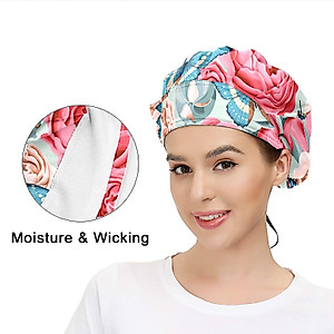Womens Working Cap with Cotton Sweatband Adjustable Elastic Head Cover Hair Tie Back Work Hats for Women Men One Size Bouffant Hat Covers Rose with Butterfly