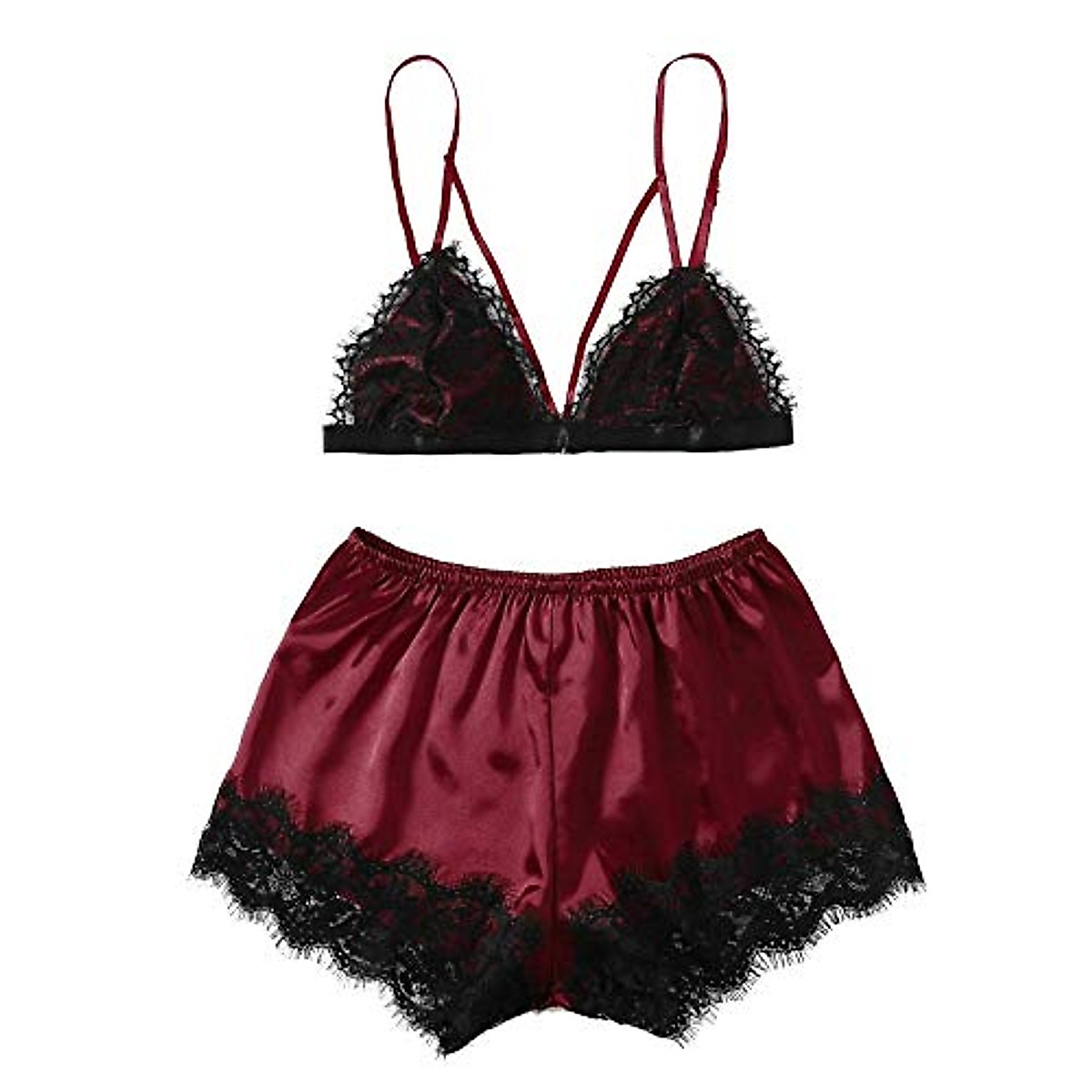 wodceeke Women's Sexy Lace Sling Split Lingerie Embroidered Bra and Satin Shorts Set Home Pajamas (Wine, M)