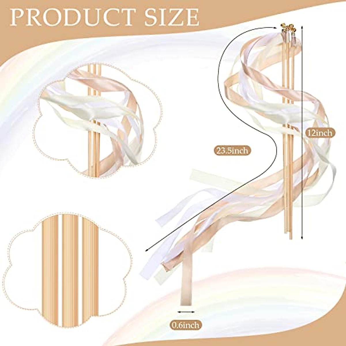 100 Pieces Lace Ribbon Wedding Wand Sticks Colorful Ribbon Streamers Party Ribbon Streamers with Bells Silk Fairy Stick Wands for Wedding, Party, Holiday, Activities(White, Brown, Champagne)