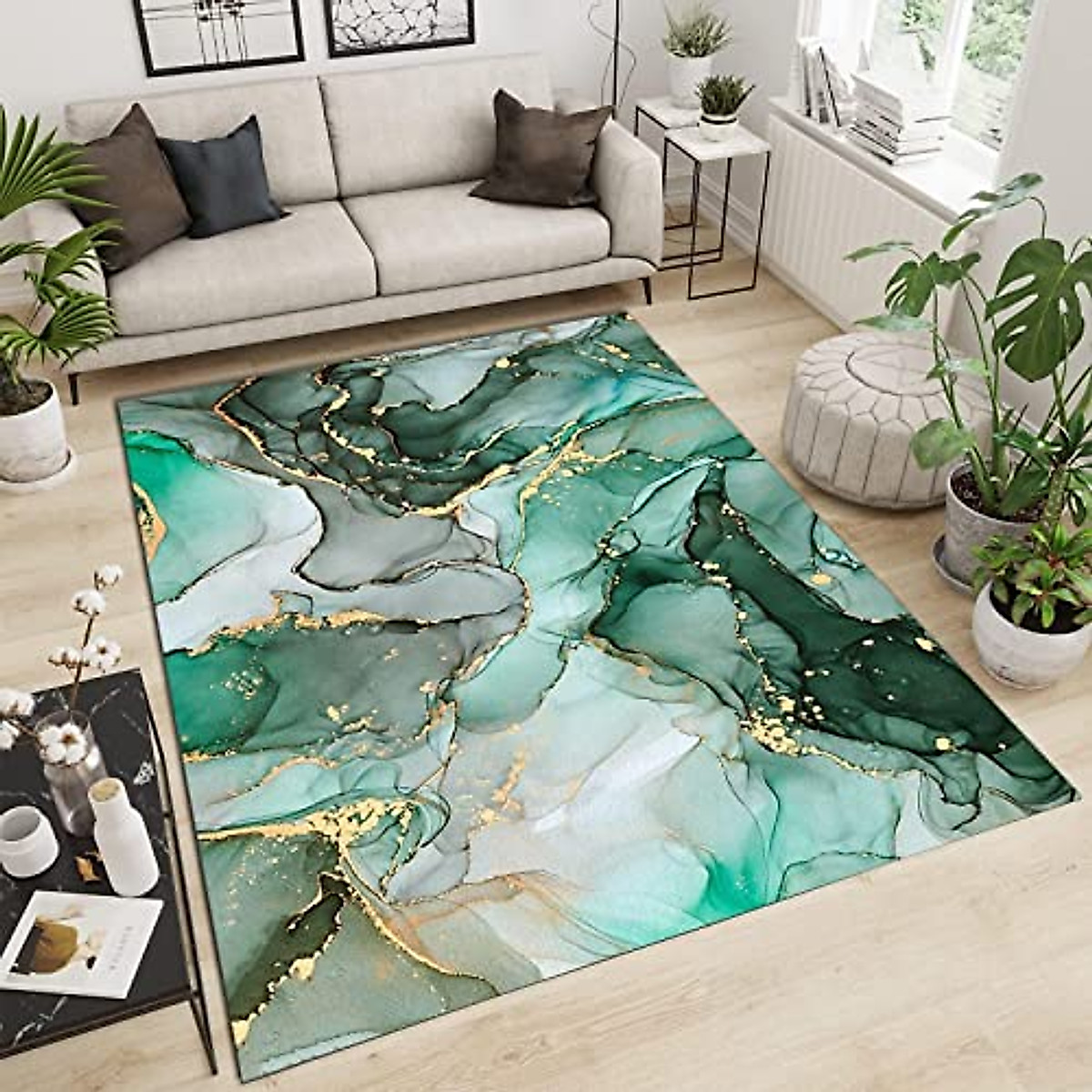 Abstract Emerald Green Marble Area Rug, Modern Abstract Fluid Art Decorative Rug, Easy Clean Carpet with Anti-Slip Backing for Bedroom Living Room Dining Room Office 5ftx6ft
