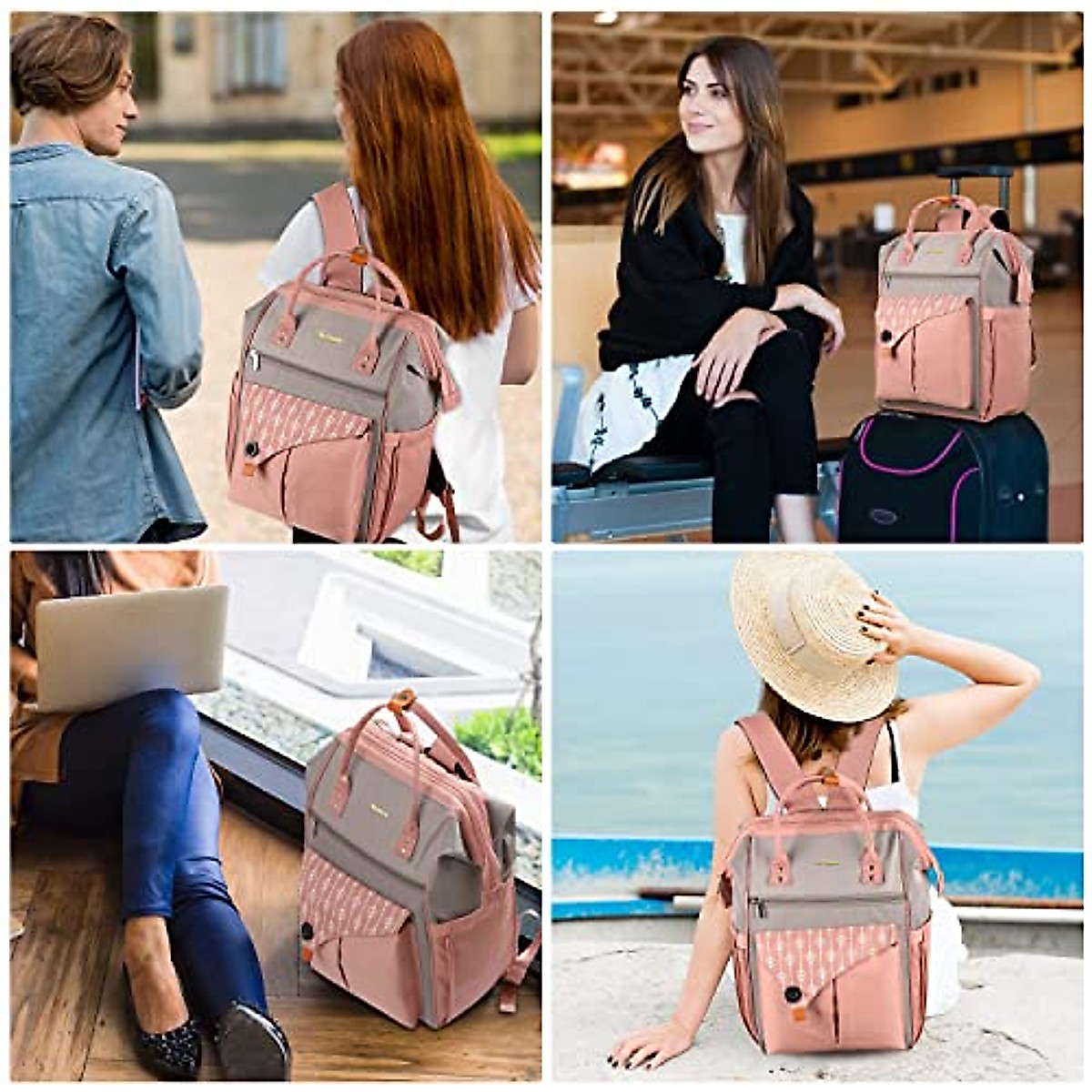 MOMUVO Travel Backpack for Women Laptop Backpack 15.6 Inch,School College Bookbag Work Bag with USB Charging Port,Casual Daypack Teacher Backpack Pink Grey
