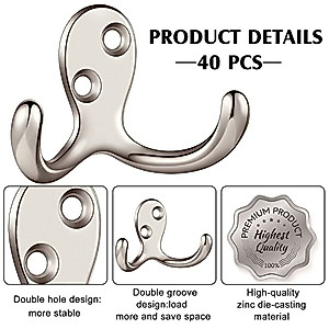 40 Pcs Heavy Duty Double Prong Coat Hooks Wall Mounted with 80 Screws Metal Retro Double Hook Utility Hook Rustproof Hardware Wall Hook for Coats, Scarves, Bags, Key, Towel, Hats, Mugs (Silvery)