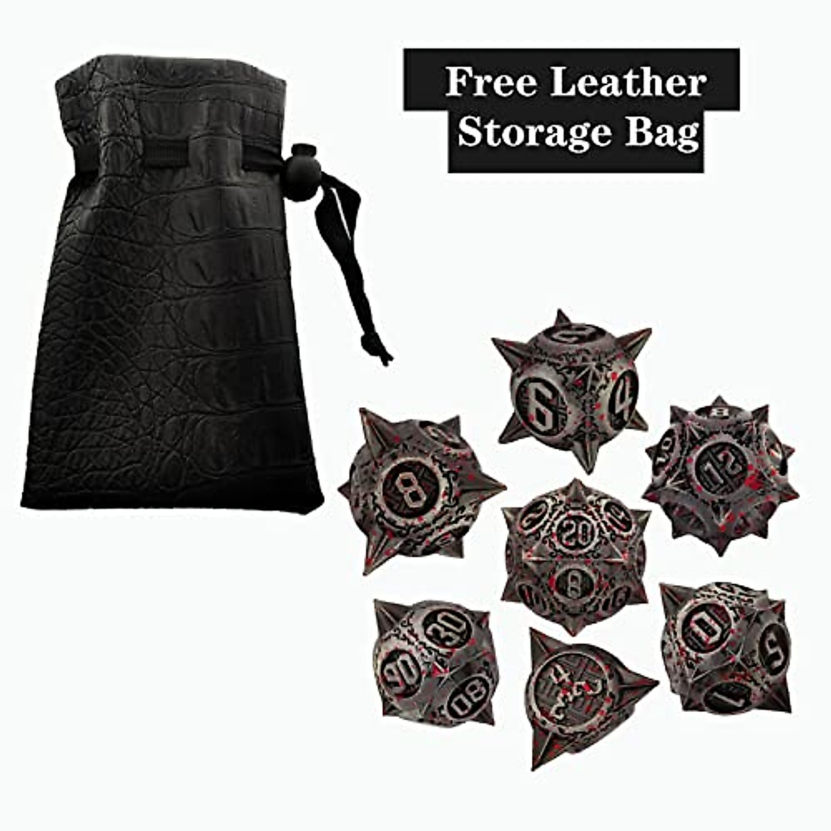 Metal DND Dice Set, Round Tip Dice 7 Polyhedral Dice, Mtg Pathfinder D20 Set for Rpg Roleplaying Dice Game D20 Free Leather Storage Bag Bloodstains