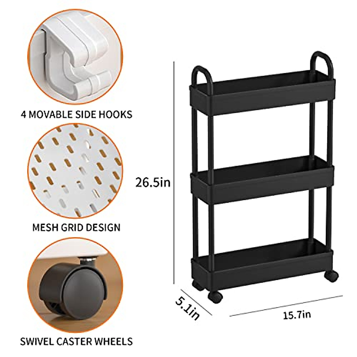 AntDesign Slim Storage Cart, 3-Tier Organizers Mobile Shelving Unit Utility Cart Tower Rack for Bathroom Laundry Narrow Places (Black)