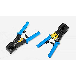 EMS RJ45 Crimp Tool Kit, With 50 Cat6 Pass Through Connectors and 50 Clear Cable Strain Relief Boots + Extra blades - EZ Cut, Strip, Crimp Ethernet Cables