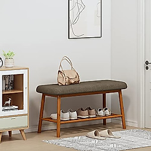 Bamworld Entryway Bench with Storage Bamboo Shoe Bench with Cushion Seat Rustic Storage Benches for Bedroom Living Room Indoor(Brown)