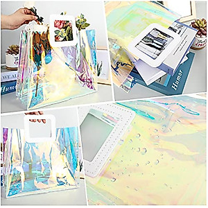 Whaline 5Pcs Large Holographic Gift Bags 12.8 x 11.6 x 5.7 Inch Iridescent Clear Reusable Tote PVC Gift Wrap Handbags Waterproof Shopping Bags for Wedding Birthday Baby Shower Party Supplies