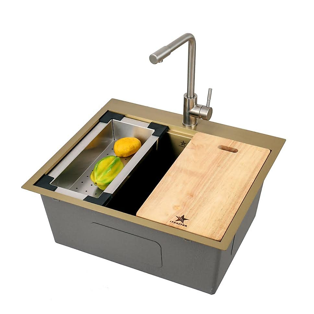 STARSTAR Workstation Ledge Topmount/Drop-in Single Bowl Satin Matte Stainless Steel Kitchen/Yard/Bar/Laundry/Office Sink, With Grid, Colander, Cutting Board, Strainer (23x20x9 Gold)