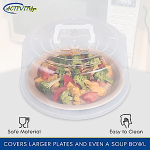 Large Microwave Cover for Food - Splatter Guard Lid - Cake Stand Cover - Size 11.5 In x 5 In Tall - Easy Grip Handle with Steam Vented Holes - BPA Free & Dishwasher Safe | Clear Plastic
