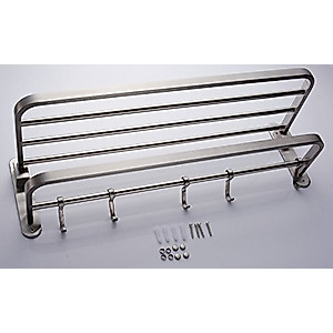 ELLO&ALLO Stainless Steel Towel Racks for Bathroom Shelf Double Towel Bar Holder with Hooks Wall Mounted Multifunctional Foldable Brushed Nickel