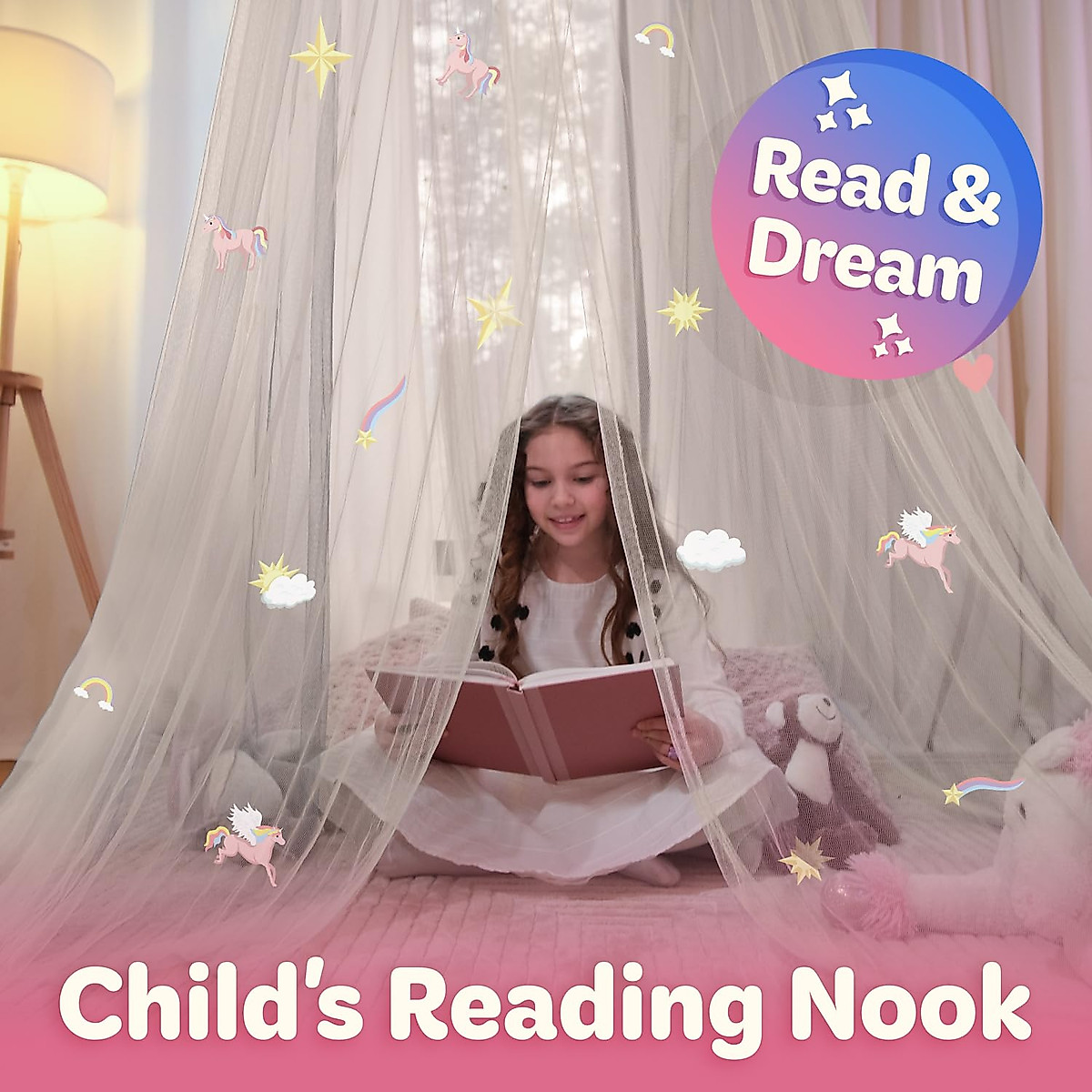 Bollepo Bed Canopy for Girls Bed with Glowing Stars - Princess Room Decor, Ceiling Net to Cover Toddler | Full, Twin Size Kids Bed Curtains, Fire Retardant Fabric (White - Unicorn)