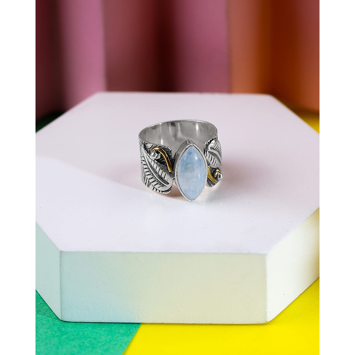 YoTreasure Rainbow Moonstone Solid 925 Sterling Silver Brass Wide Band Boho Ring