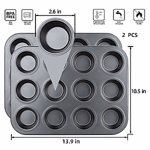 Muffin Pan, 12 Cupcake Pan, 2 Sets of Nonstick Brownie Bakeware Muffin Tin, Cupcake Tray, Baking Pan for Kitchen Oven, Black 13.9 x 10.5 x 1.2 inches
