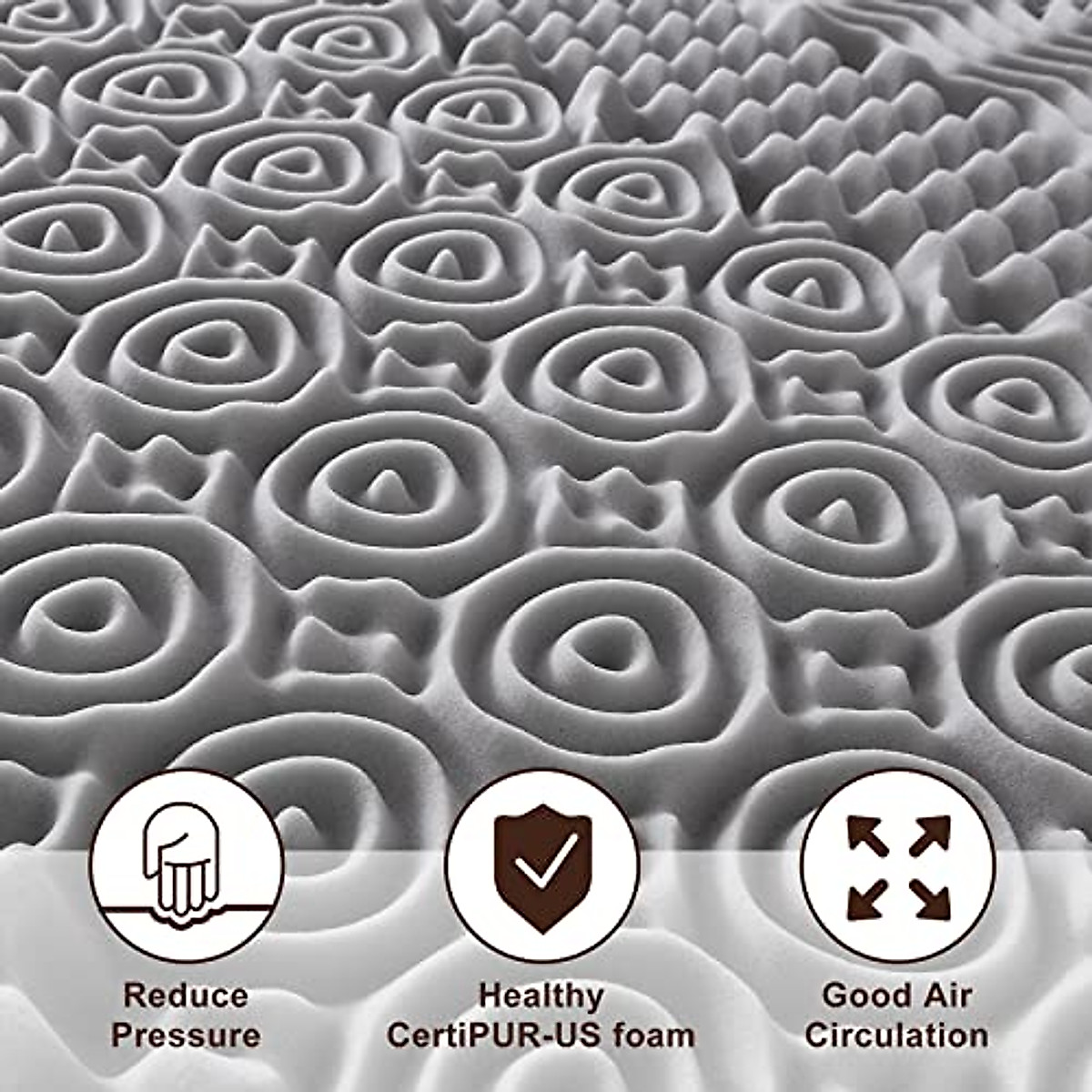 UniPon 3 Inch Egg Crate Memory Foam Mattress Topper, Charcoal Infused Mattress Topper, 7 Zones Foam Bed Topper, CertiPUR-US Certified (Queen)