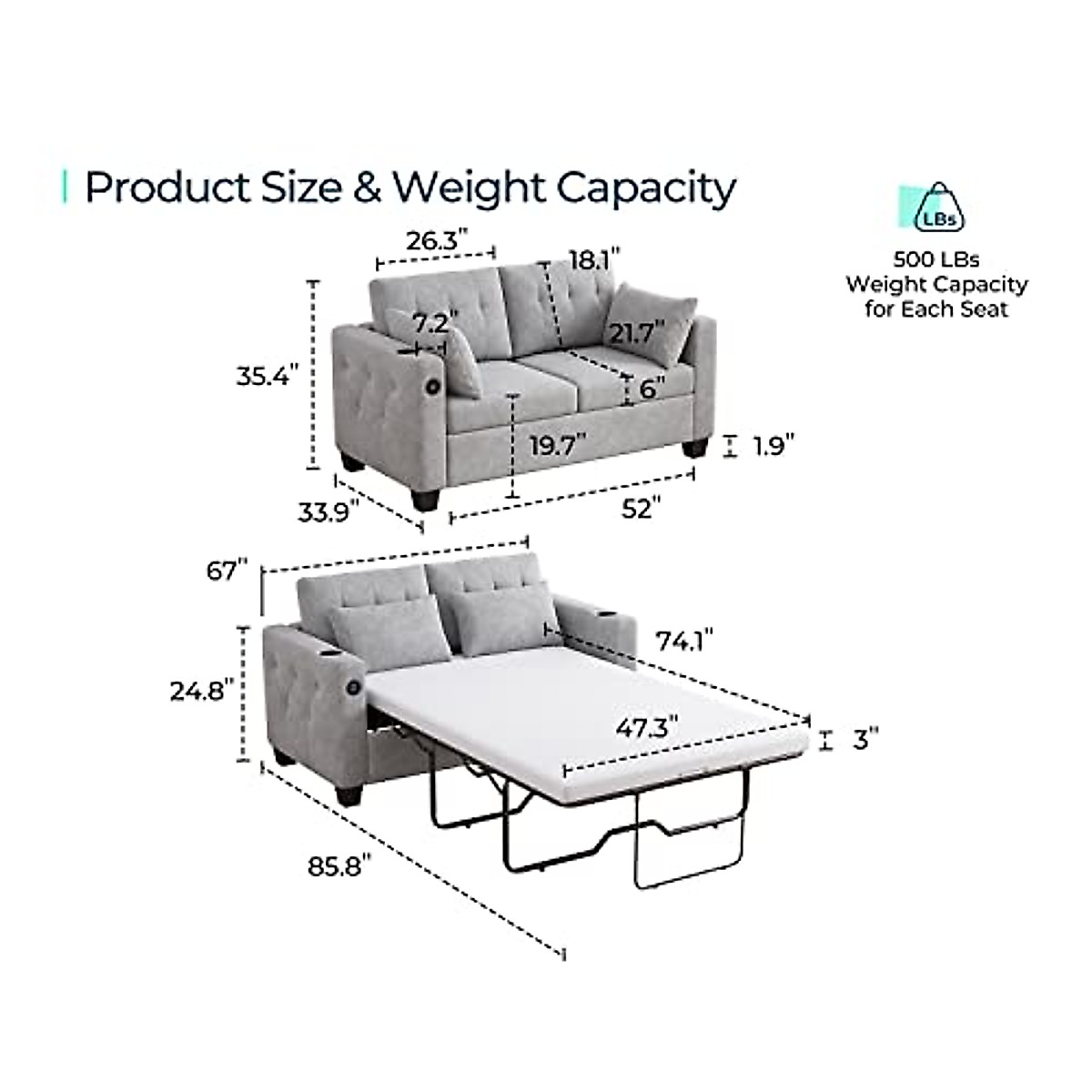 LINSY HOME Pull Out Sofa Bed, 2-in-1 Convertible Sleeper Couch with Memory Foam Mattress, Two Seat Loveseat Sleeper Sofa Bed for Living Room, Grey, Full Size