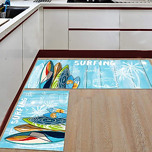 Z&L Home Summer Seaside Surfboard Palm Trees Kitchen Rug Sets 2 Piece Floor Mat Non-Slip Rubber Backing Area Runners Door Mats, Blue and White Wooden Texture Indoor Washable Carpet