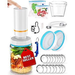 Electric Mason Jar Vacuum Sealer Kit with 16 Jar Lids, Jar Vacuum Sealer for Mason Jars with Lid Opener and 2 Reusable Vacuum Sealer Zipper Bags for Wide and Regular Mouth