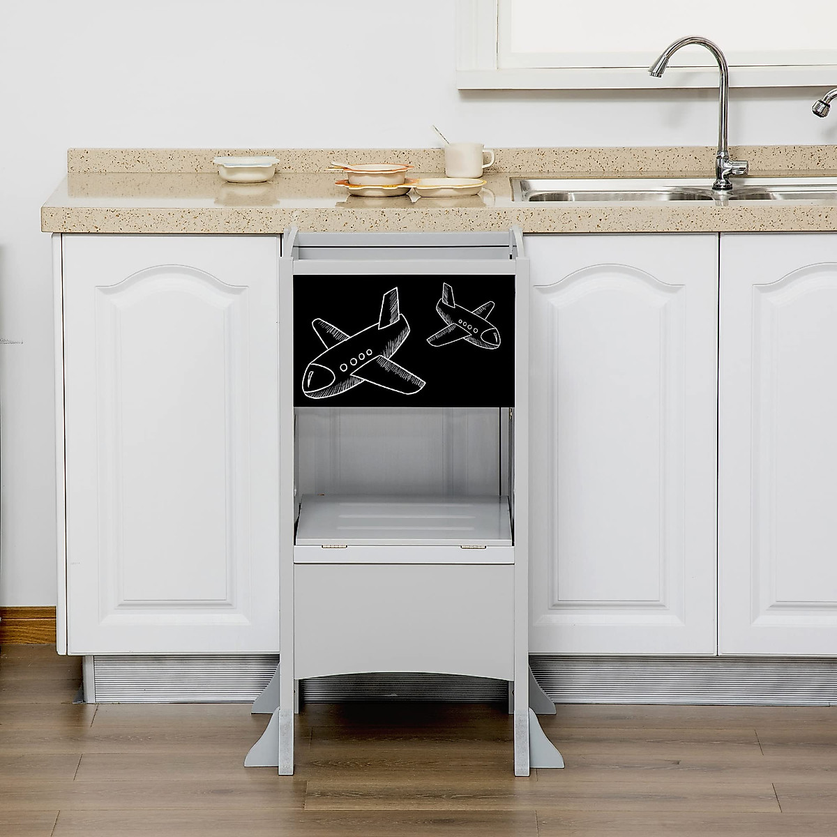 Qaba 2 in 1 Kids Foldable Kitchen Step Stool, Toddler Standing Tower with Chalkboard and Lockable Handrail for Children 3-6 Years Old, Gray