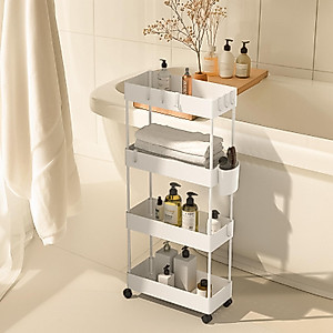 Pipishell Slim Storage Cart with Wheels, 4 Tier Bathroom Storage Organizer Rolling Utility Cart for Bathroom Kitchen Laundry Room Office Narrow Place (White)